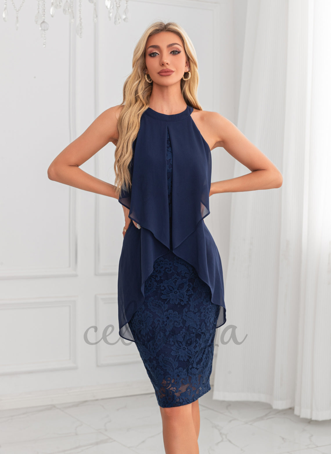 Halter Bodycon Chiffon Lace Midi Dresses 305438 – celimoya